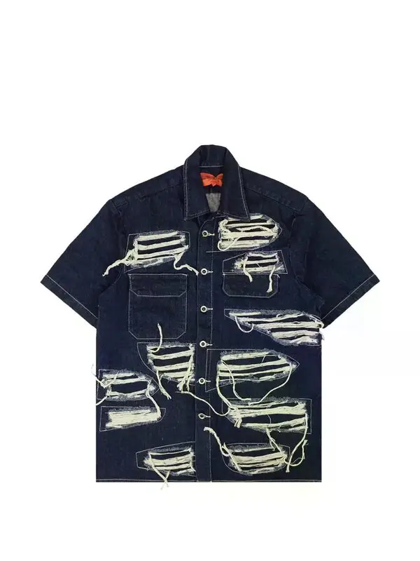 WHO DECIDES WAR Distressed Short-sleeve Denim Shirt