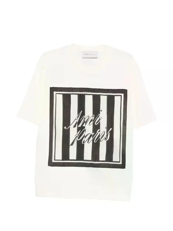 AMI Paris White Cotton Striped Logo T-shirt - Neutrals