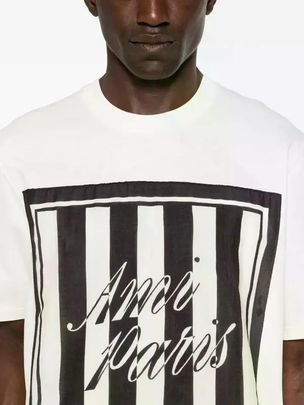 AMI Paris White Cotton Striped Logo T-shirt