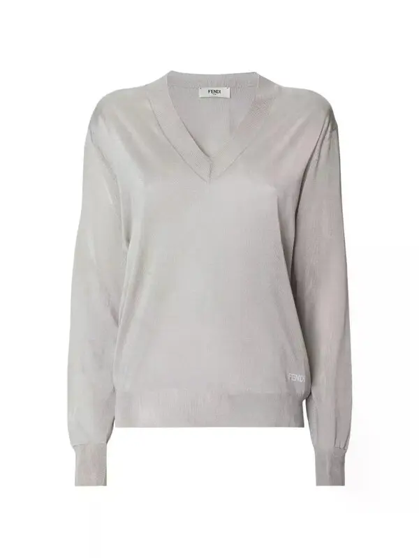 Fendi Logo Embroidered V-neck Fine Knit Sweater - Grey