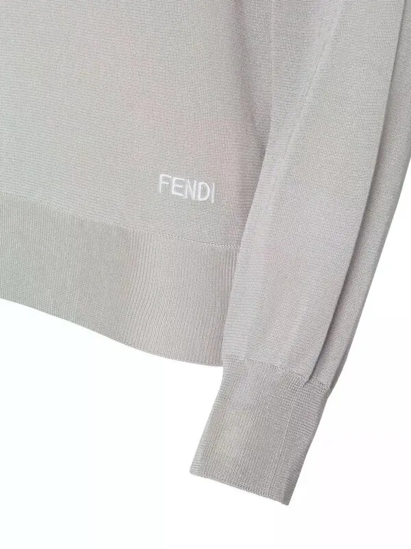 Fendi Logo Embroidered V-neck Fine Knit Sweater - Grey