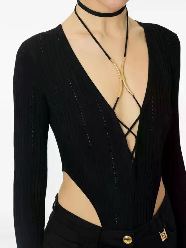 Elisabetta Franchi Lace-up Ribbed-knit Bodysuit - Black