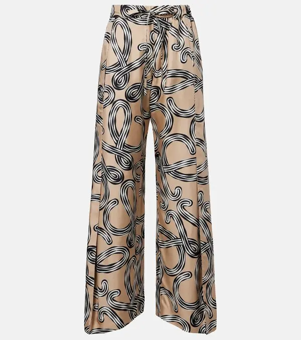 Loewe Anagram Printed Silk Wide-leg Trousers - Beige