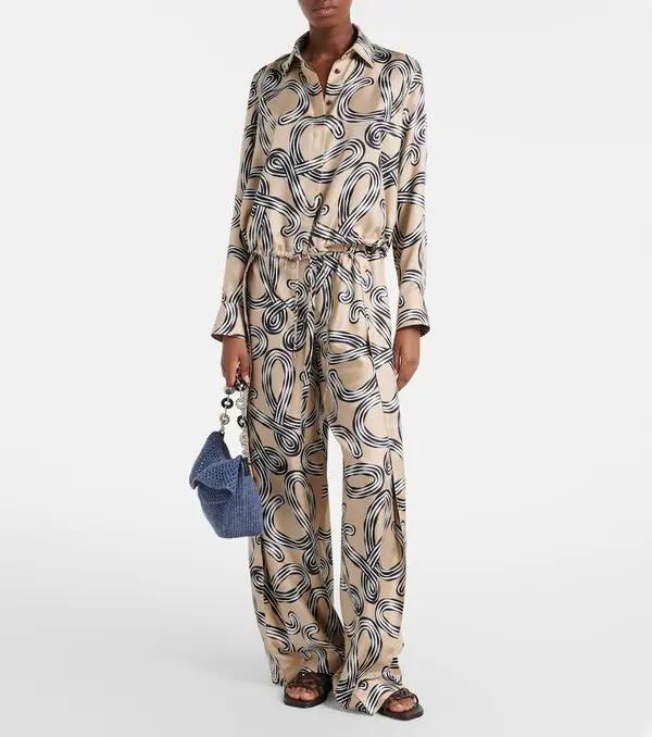 Loewe Anagram Printed Silk Wide-leg Trousers - Beige