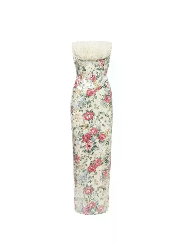 NISSA Sequin-embellished Ruffled Floral Print Midi Dress