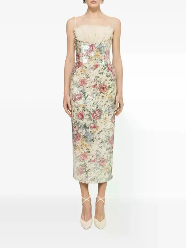 NISSA Sequin-embellished Ruffled Floral Print Midi Dress