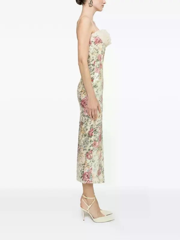 NISSA Sequin-embellished Ruffled Floral Print Midi Dress