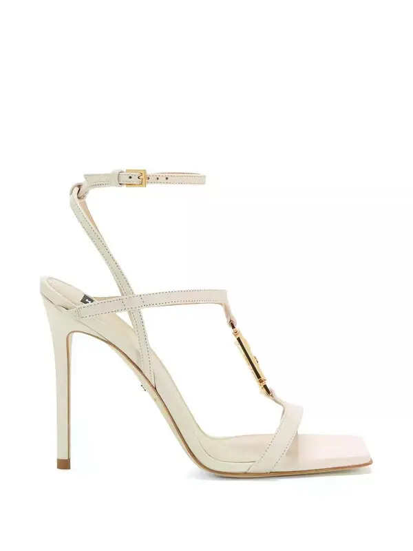 Elisabetta Franchi Leather Stiletto Sandals With Logo Detail - Neutrals