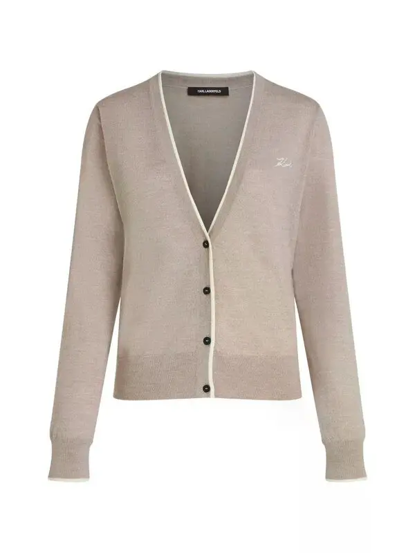 Karl Lagerfeld Logo-embroidered Merino Wool V-neck Cardigan - Neutrals
