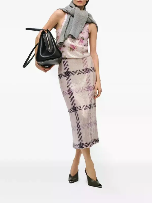 Brandon Maxwell Sequined Plaid Pencil Midi Skirt