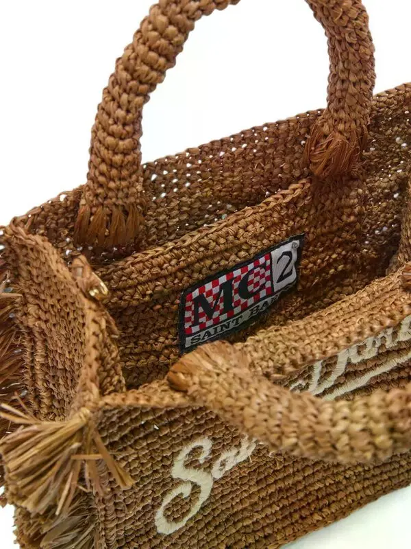 MC2 SAINT BARTH Mini Fringed Raffia Tote Bag - Brown