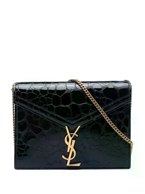 Saint Laurent Shiny Croc Embossed Calfskin Monogram Cassandra Chain Wallet Crossbody Bag - Black