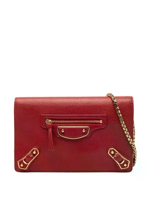 Balenciaga 2017 Chevre Motocross Metallic Edge Wallet On Chain Crossbody Bag - Red