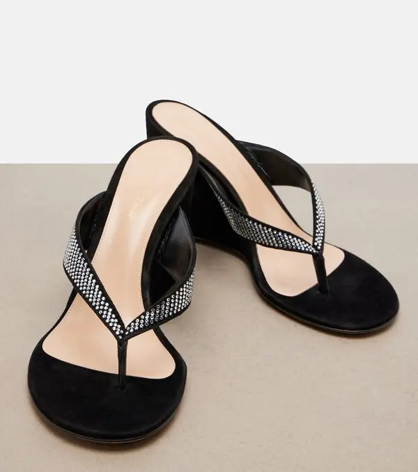 GIANVITO ROSSI Embellished Suede Wedge Thong Sandals
