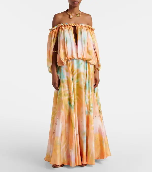Zimmermann Luna Off-shoulder Printed Silk Chiffon Gown