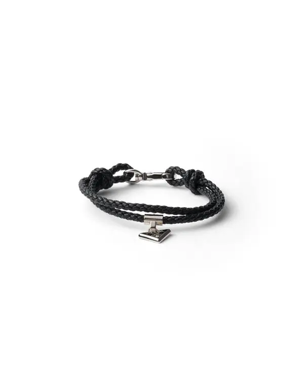 Prada Braided Leather Bracelet With Enamel Triangle Logo - Black