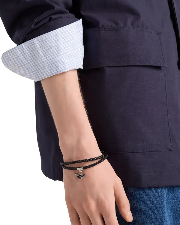 Prada Braided Leather Bracelet With Enamel Triangle Logo - Black