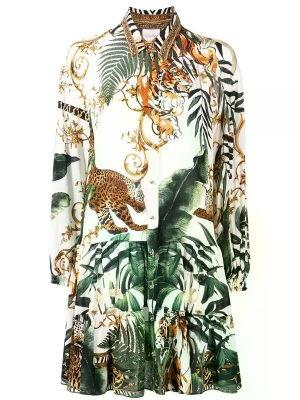 Camilla Tiger Print Silk Tiered Shirtdress - White