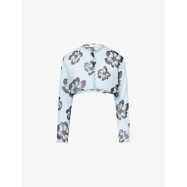 HYPHEN Floral Print Sheer Cropped Top - Blue Floral