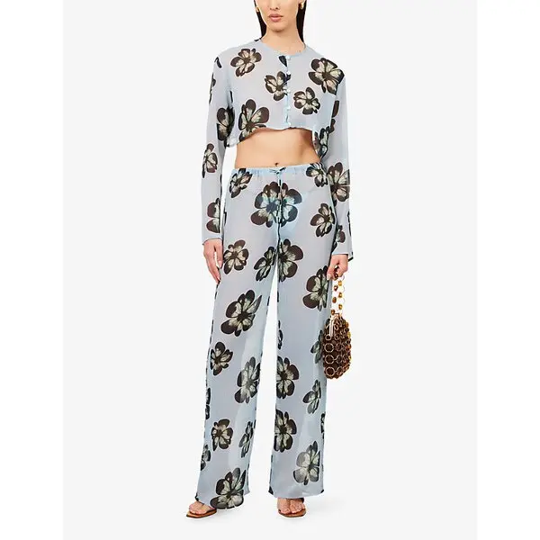 HYPHEN Floral Print Sheer Cropped Top