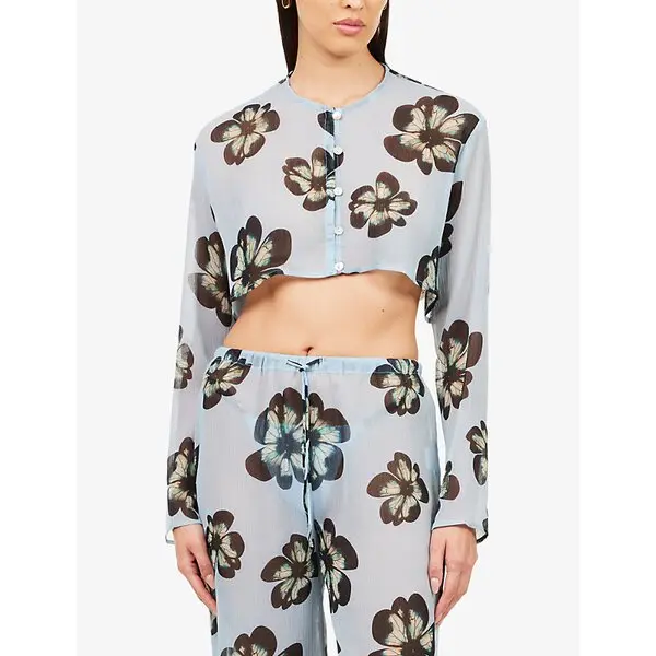 HYPHEN Floral Print Sheer Cropped Top