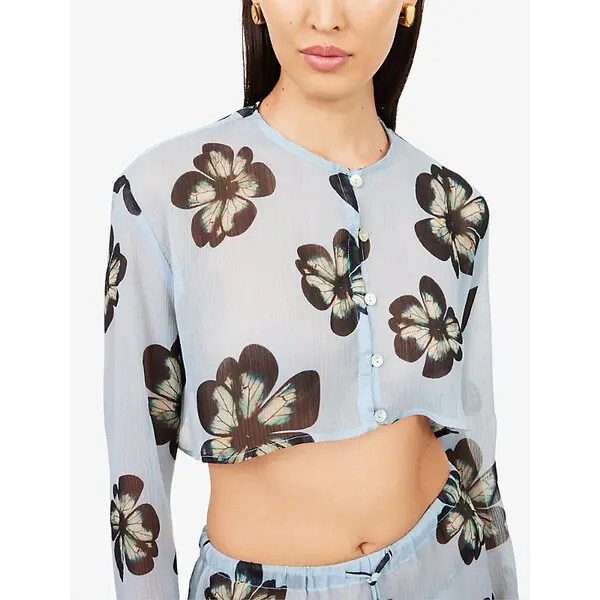HYPHEN Floral Print Sheer Cropped Top