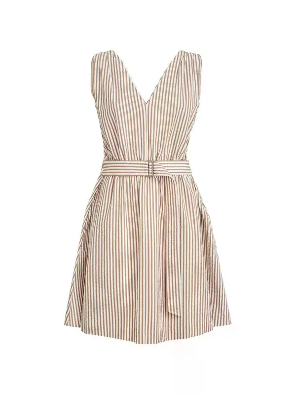 Brunello Cucinelli Techno-cotton Striped Seersucker Belted Mini Dress With Monili