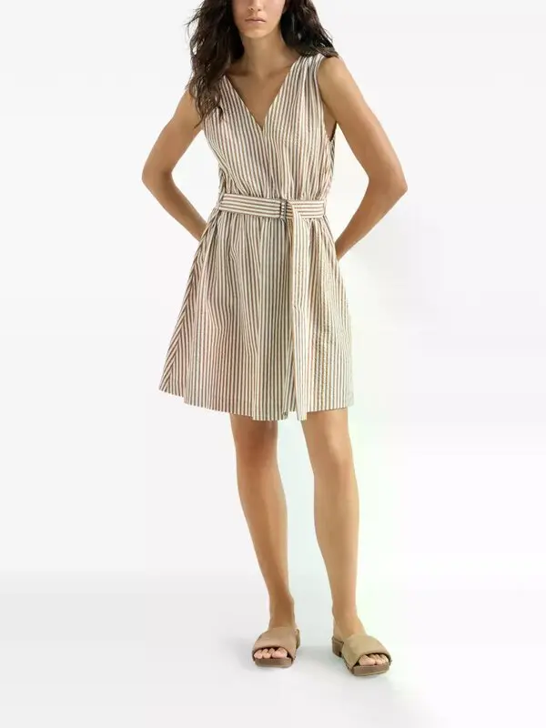 Brunello Cucinelli Techno-cotton Striped Seersucker Belted Mini Dress With Monili