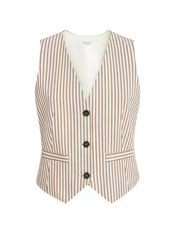 Brunello Cucinelli Techno-cotton Striped Seersucker Vest With Monili Embellishment - Neutrals
