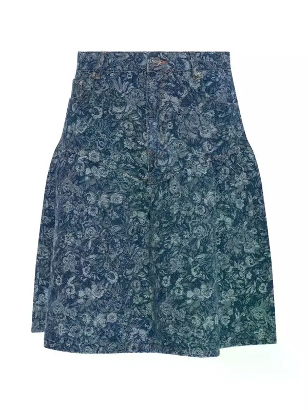 GANNI Floral Print Flared Denim Skirt - Blue