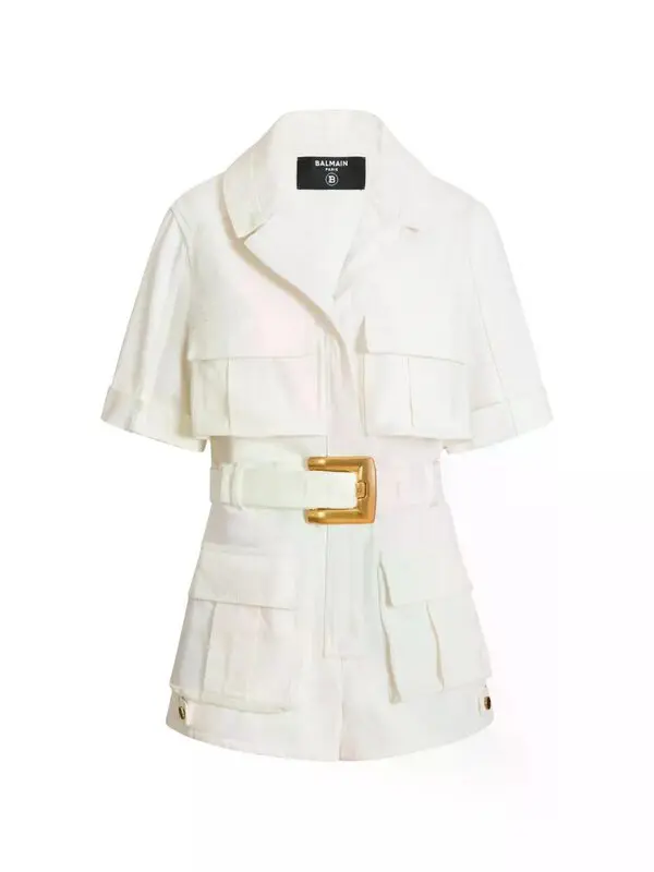 Balmain Belted Denim Playsuit - White