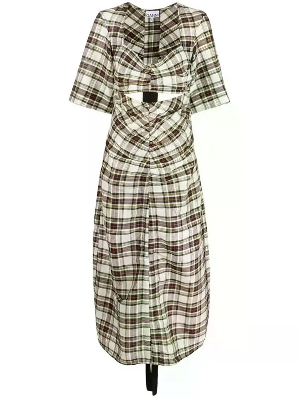 GANNI Ruched Plaid Midi Dress