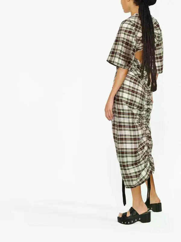 GANNI Ruched Plaid Midi Dress