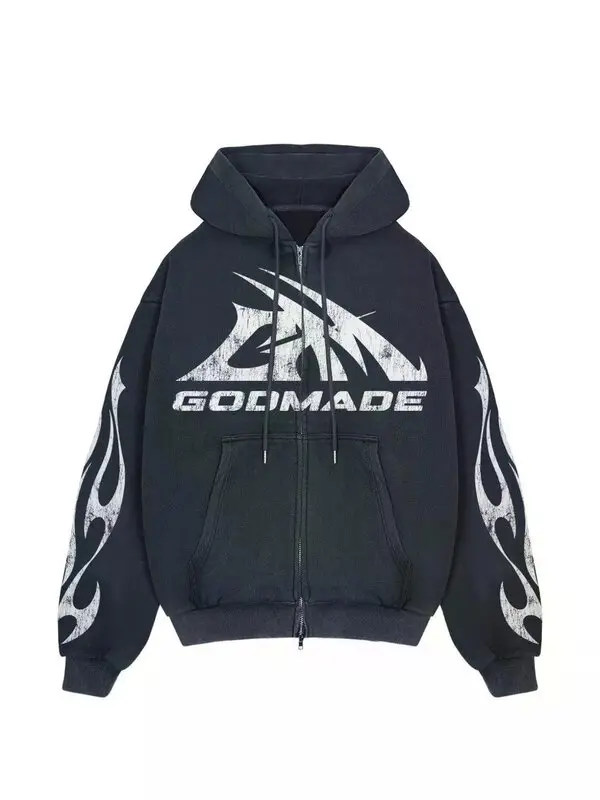 GODMADE Logo-print Flame-detail Hoodie - Grey