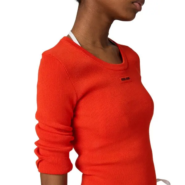 Miu Miu Ribbed Knit Crew Neck Sweater With Knit Logo Patch