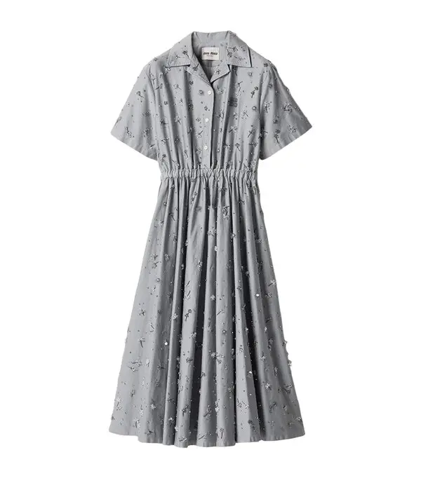 Miu Miu Cotton Satin Midi Shirt Dress With Crystal Embellishments