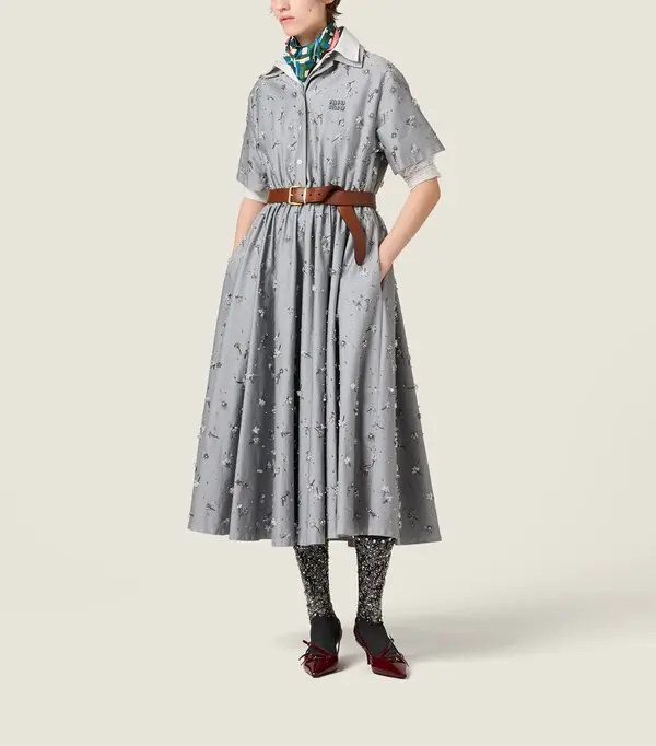 Miu Miu Cotton Satin Midi Shirt Dress With Crystal Embellishments