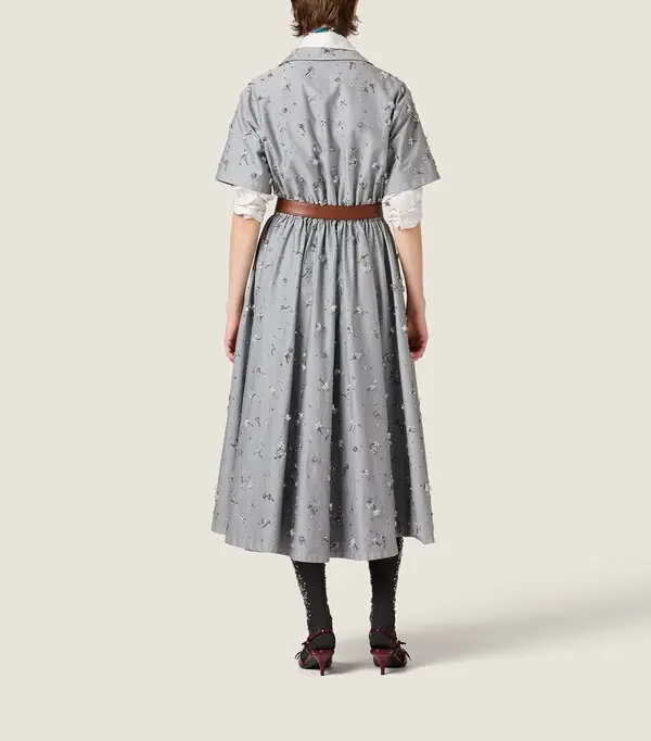 Miu Miu Cotton Satin Midi Shirt Dress With Crystal Embellishments