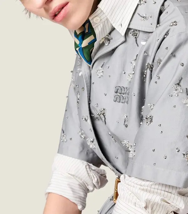 Miu Miu Cotton Satin Midi Shirt Dress With Crystal Embellishments