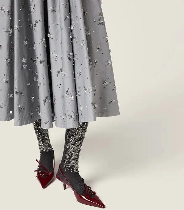 Miu Miu Cotton Satin Midi Shirt Dress With Crystal Embellishments