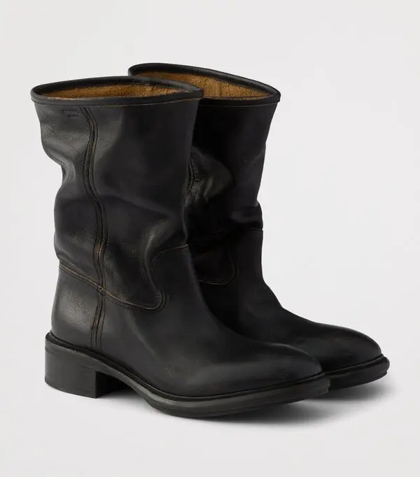 Prada Leather Vintage-effect Mid-calf Boots - Black