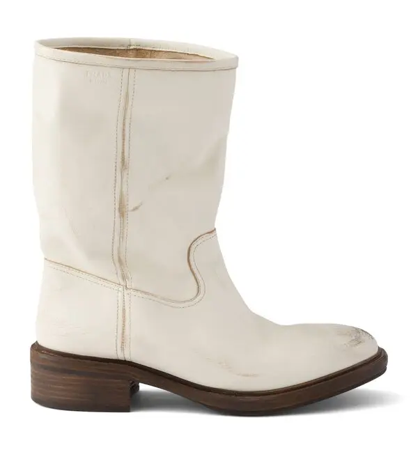 Prada Vintage-effect Leather Mid-calf Boots - Neutral