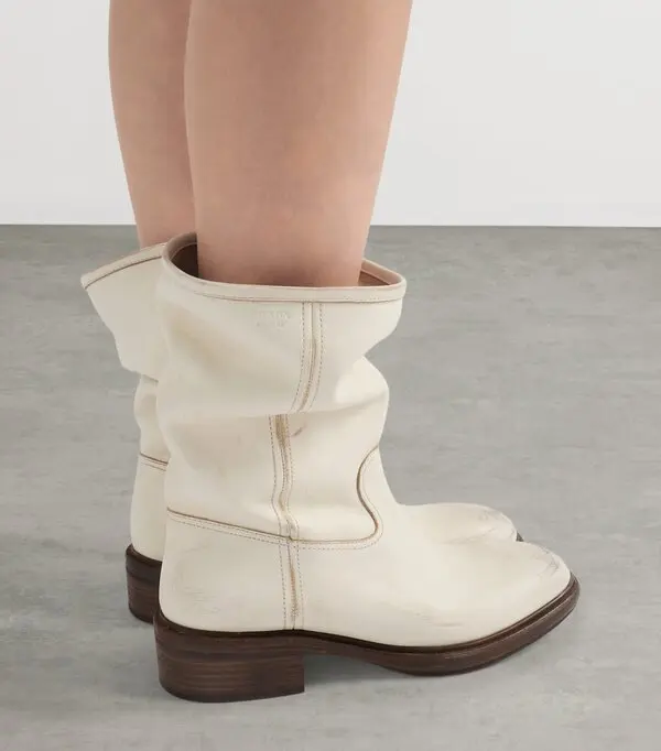 Prada Vintage-effect Leather Mid-calf Boots - Neutral