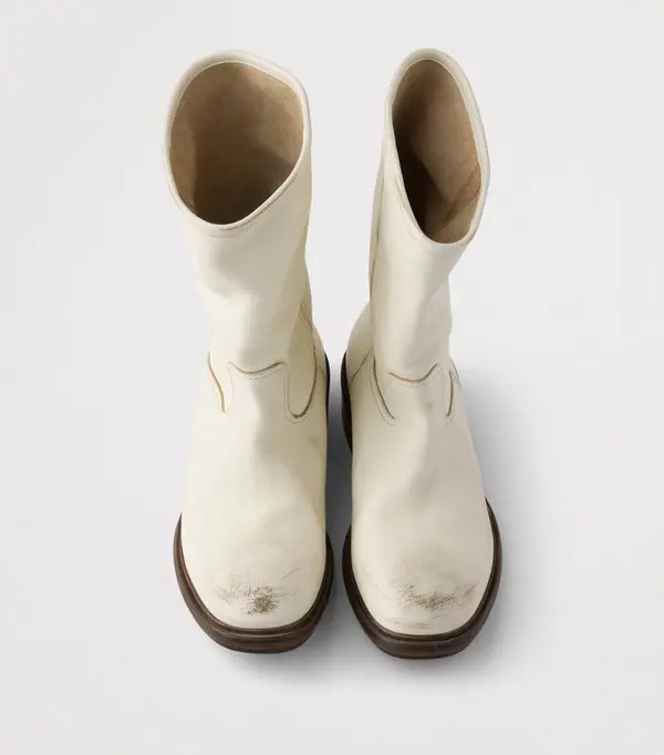 Prada Vintage-effect Leather Mid-calf Boots - Neutral