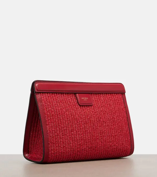 JIMMY CHOO Avenue Small Leather-trimmed Raffia Pouch