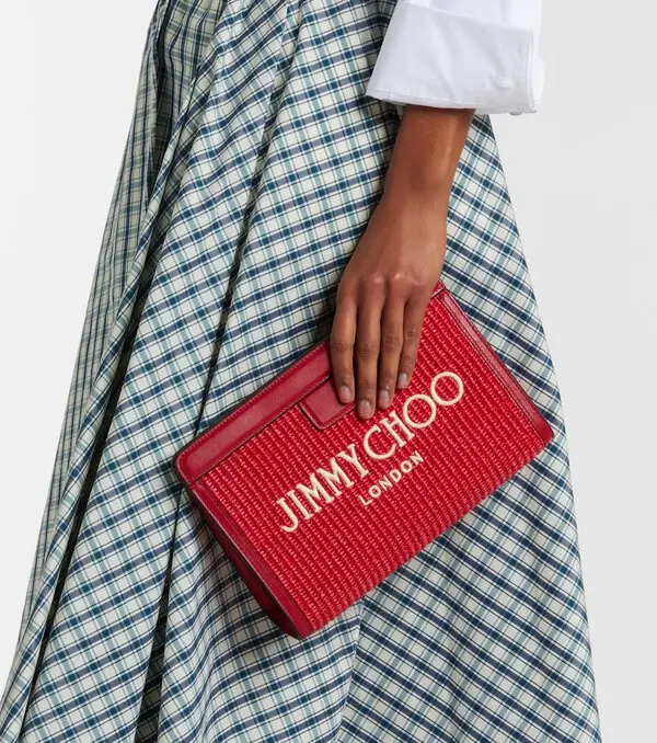 JIMMY CHOO Avenue Small Leather-trimmed Raffia Pouch