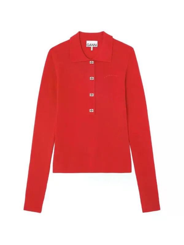 GANNI Logo-button Long-sleeve Polo Shirt - Red