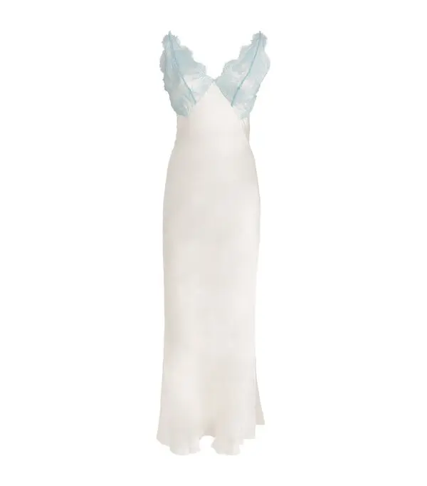 Sandro Satin Maxi Dress With Lace Trim - Beige