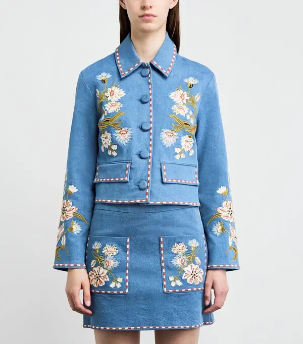 Veronica Beard Embroidered Tailored Denim Jacket