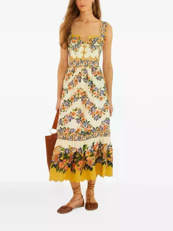 Farm Rio Hilo Floral-print Scalloped Midi Dress